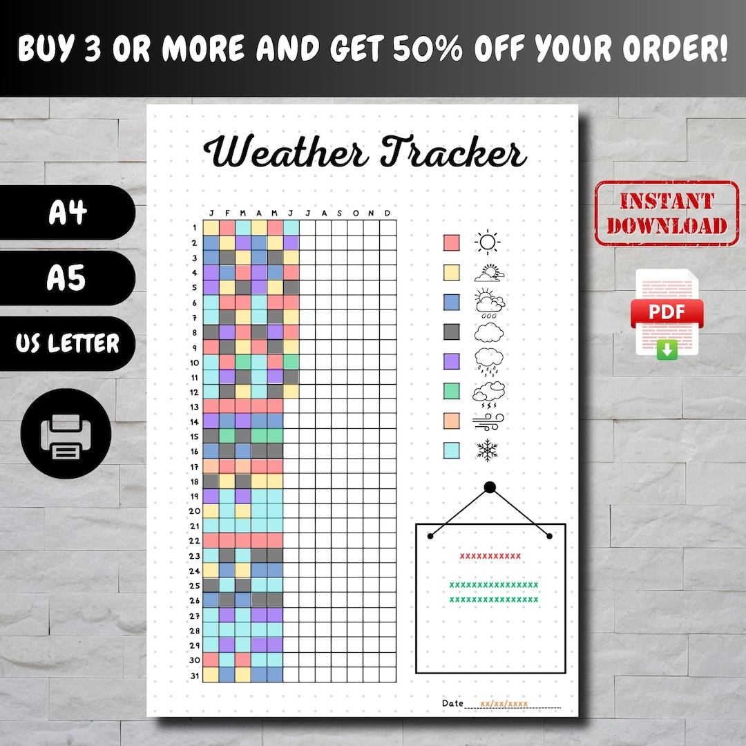 Yearly Weather Tracker, Printable Tracker, Bullet Journal Page, Weather ...