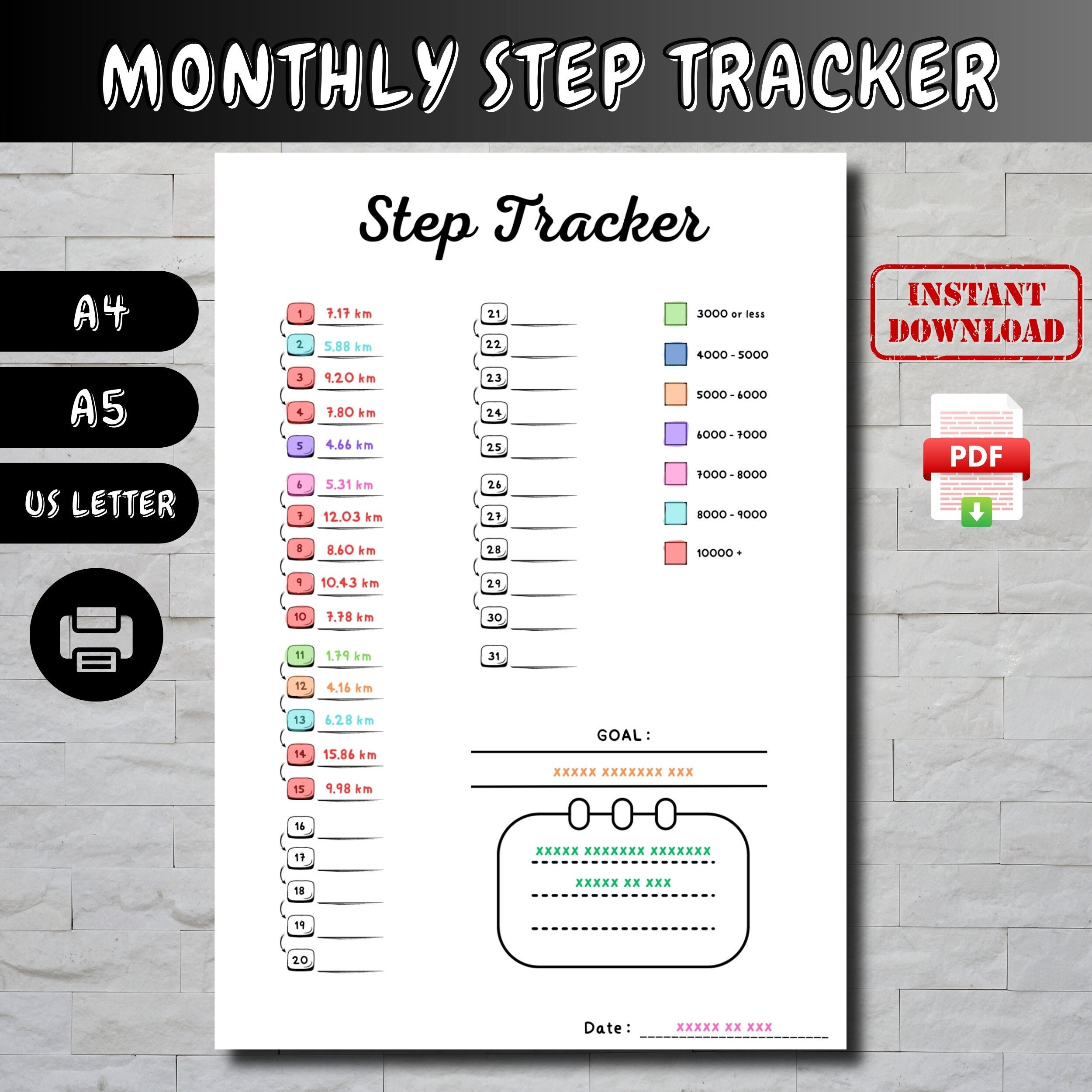 Monthly Step Tracker, Printable Tracker, Fitness Tracker, Journal Page ...