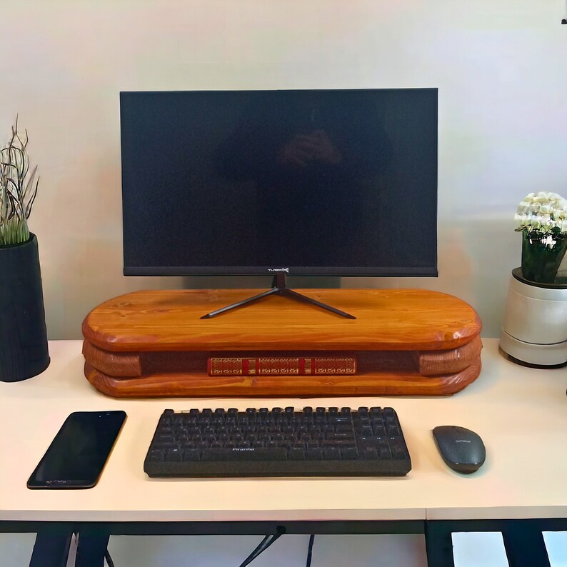 Handcrafted Wooden Monitor Stand With Shelf Rustic Wood Monitor Riser ...