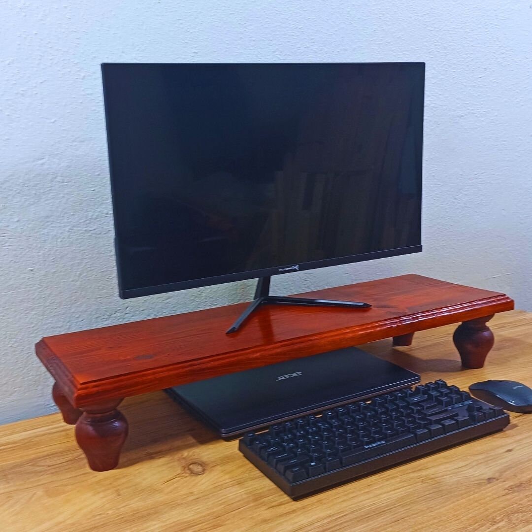 Red Wooden Monitor Riser Stand Wood Computer Desk Organizer With Dual ...