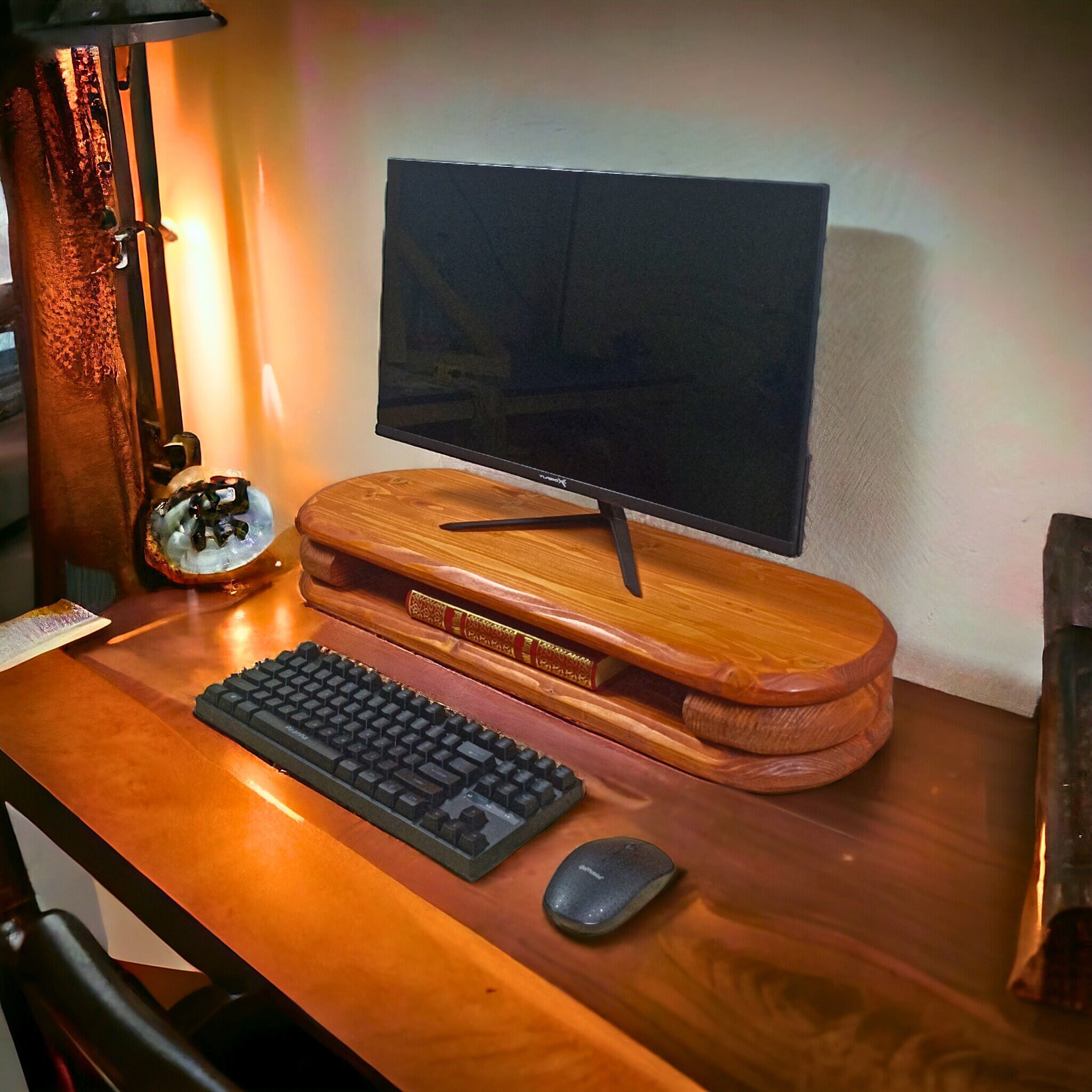 Handcrafted Wooden Monitor Stand With Shelf Rustic Wood Monitor Riser ...
