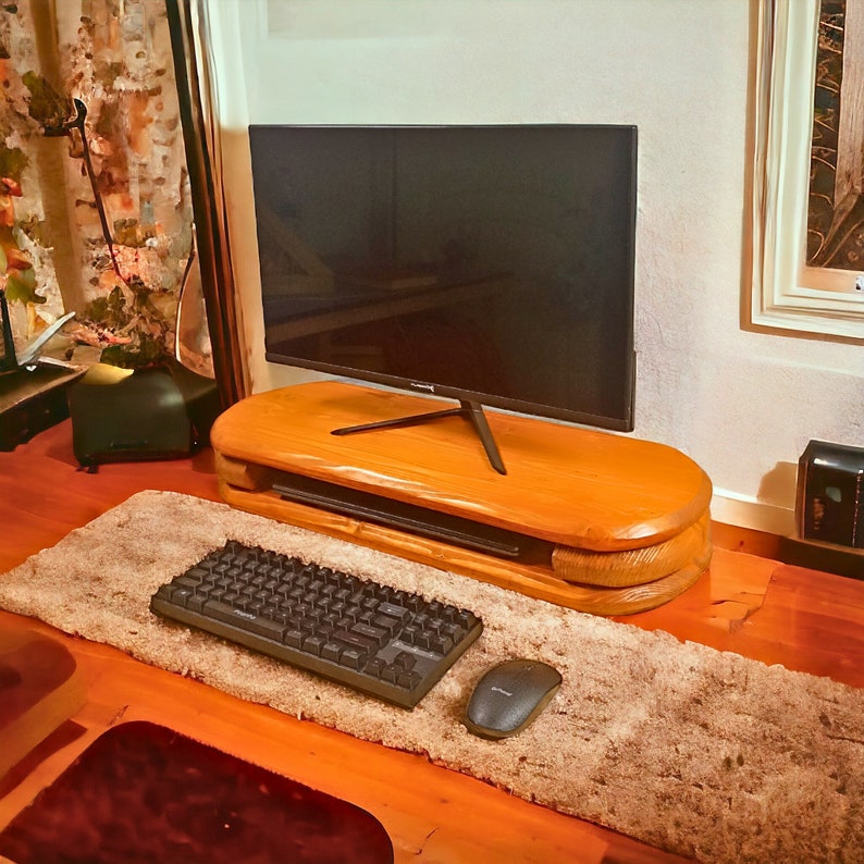 Handcrafted Wooden Monitor Stand With Shelf Rustic Wood Monitor Riser ...