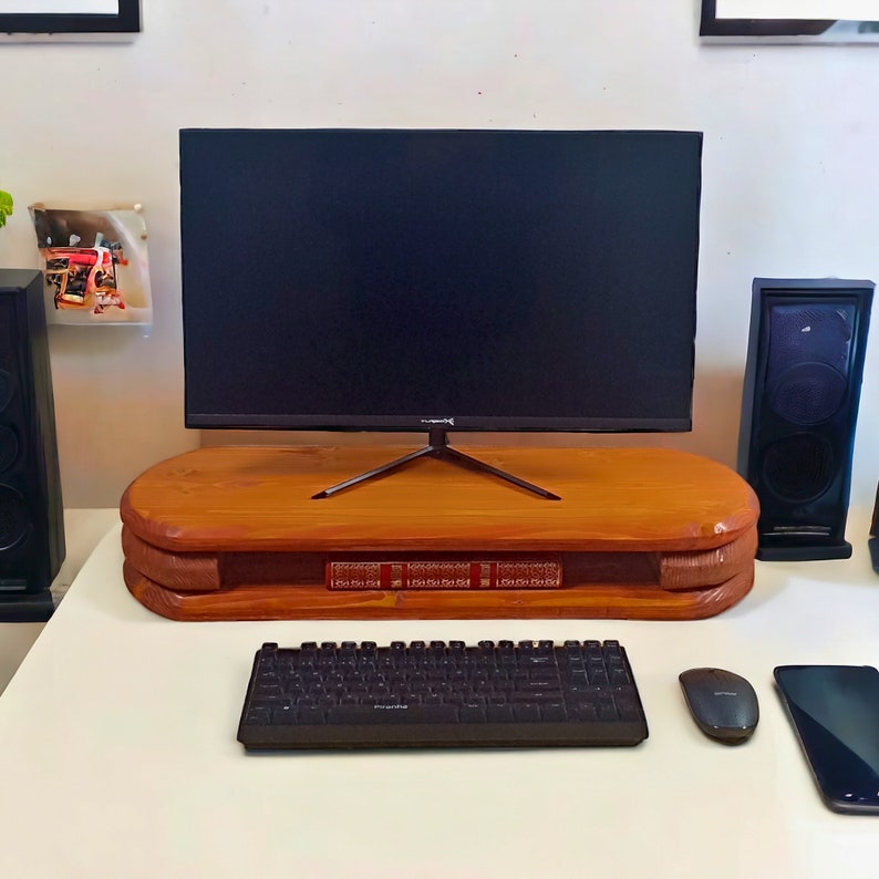 Handcrafted Wooden Monitor Stand With Shelf Rustic Wood Monitor Riser ...
