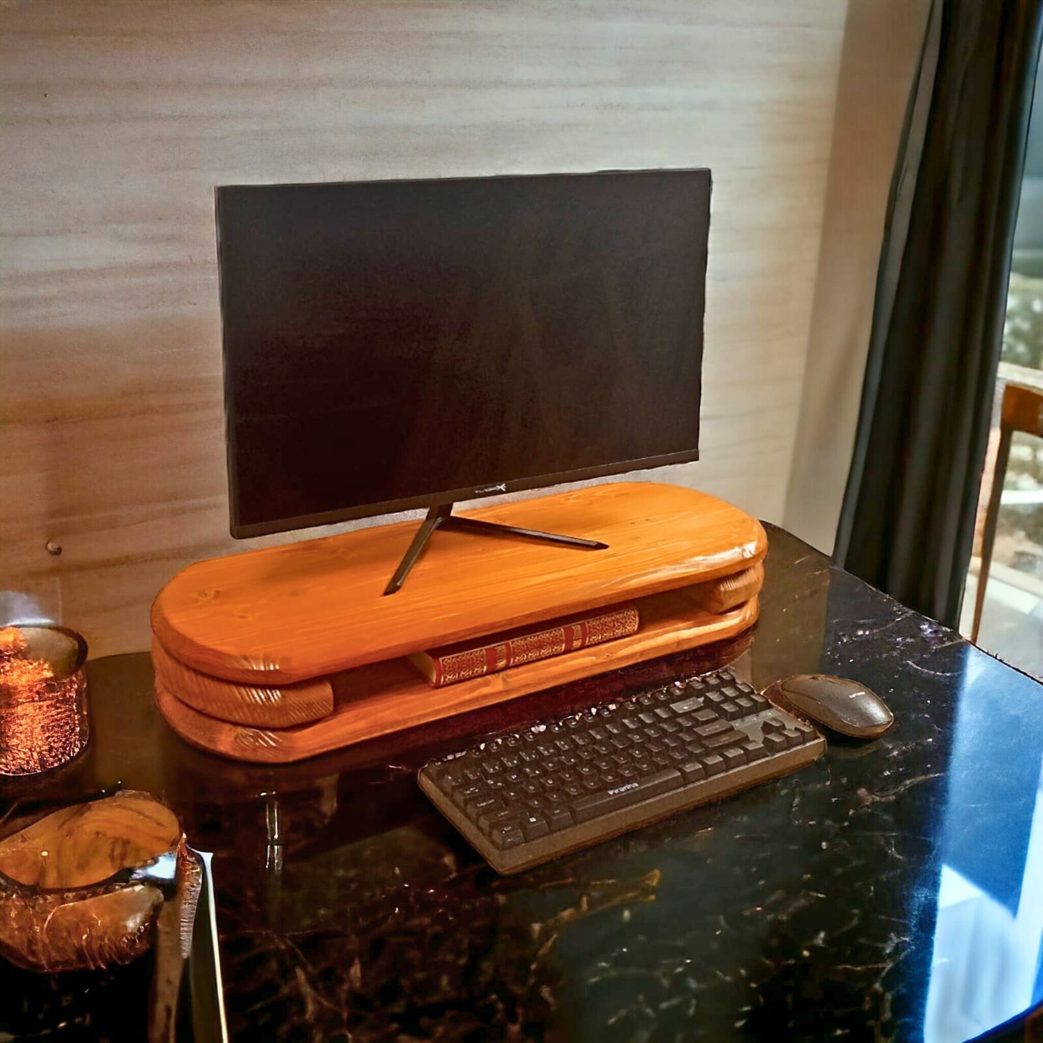 Handcrafted Wooden Monitor Stand With Shelf Rustic Wood Monitor Riser ...