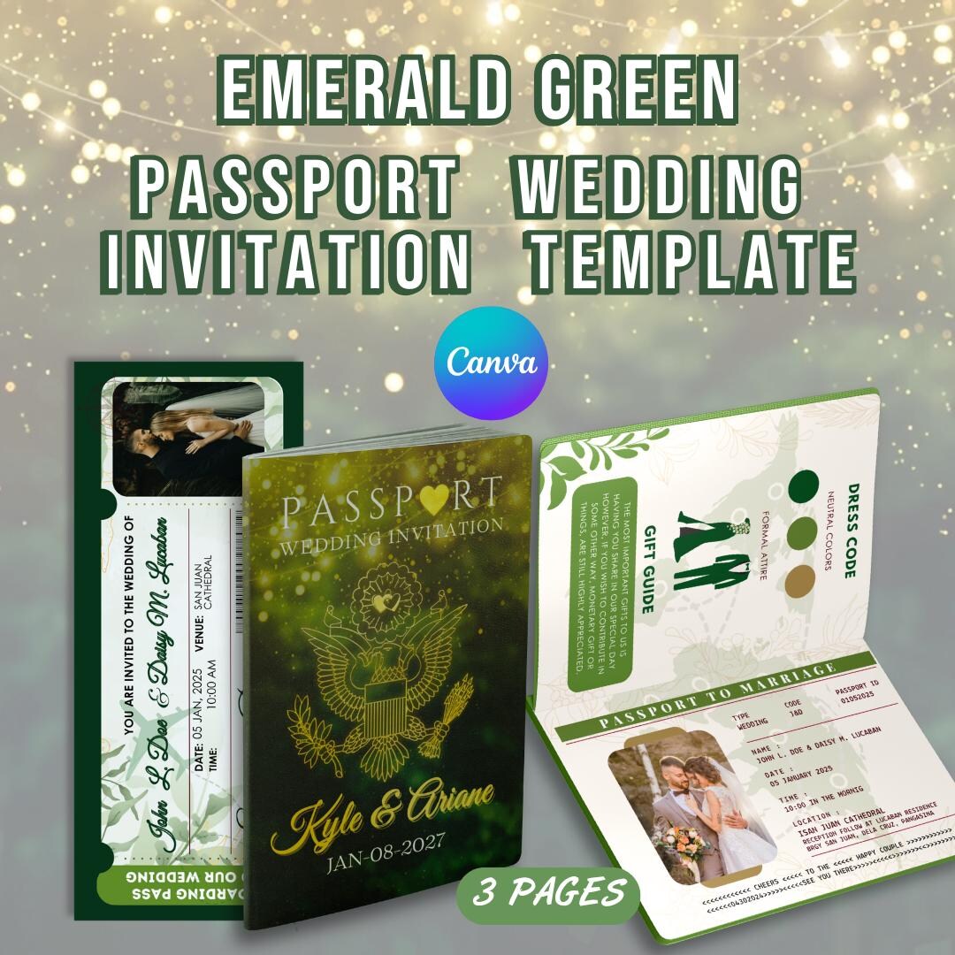 Canva Emerald Green Passport Wedding Invitation Template | Elegant ...