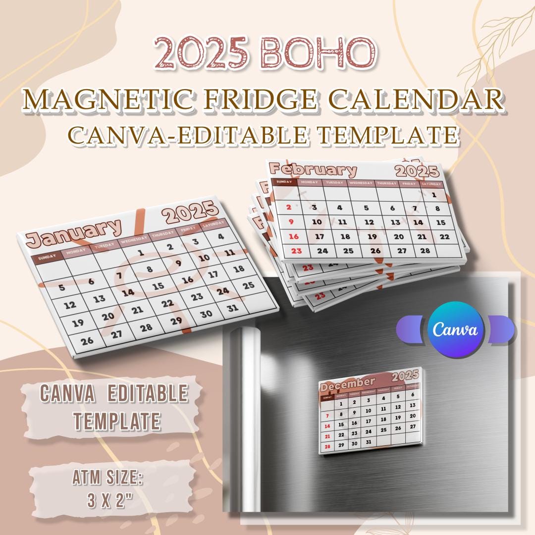 Canva Boho 2025 Magnetic Fridge Calendar Template Aesthetic Minimalist ...