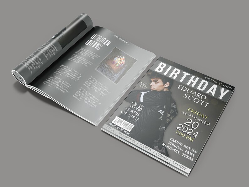 Canva Magazine Birthday Invitation for HIM Template | Canva Birthday ...