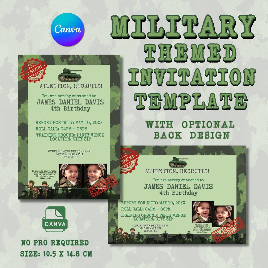 Canva Military-themed Birthday Party Invitation Editable Template ...