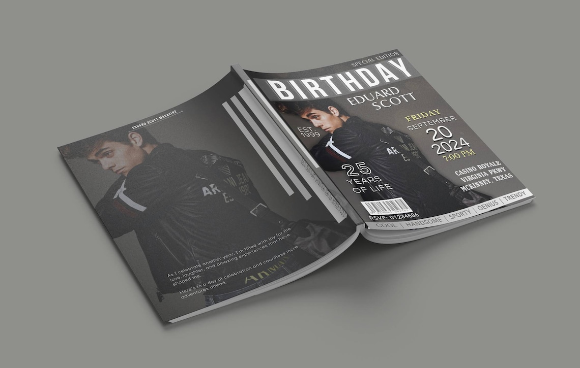 Canva Magazine Birthday Invitation for HIM Template | Canva Birthday ...