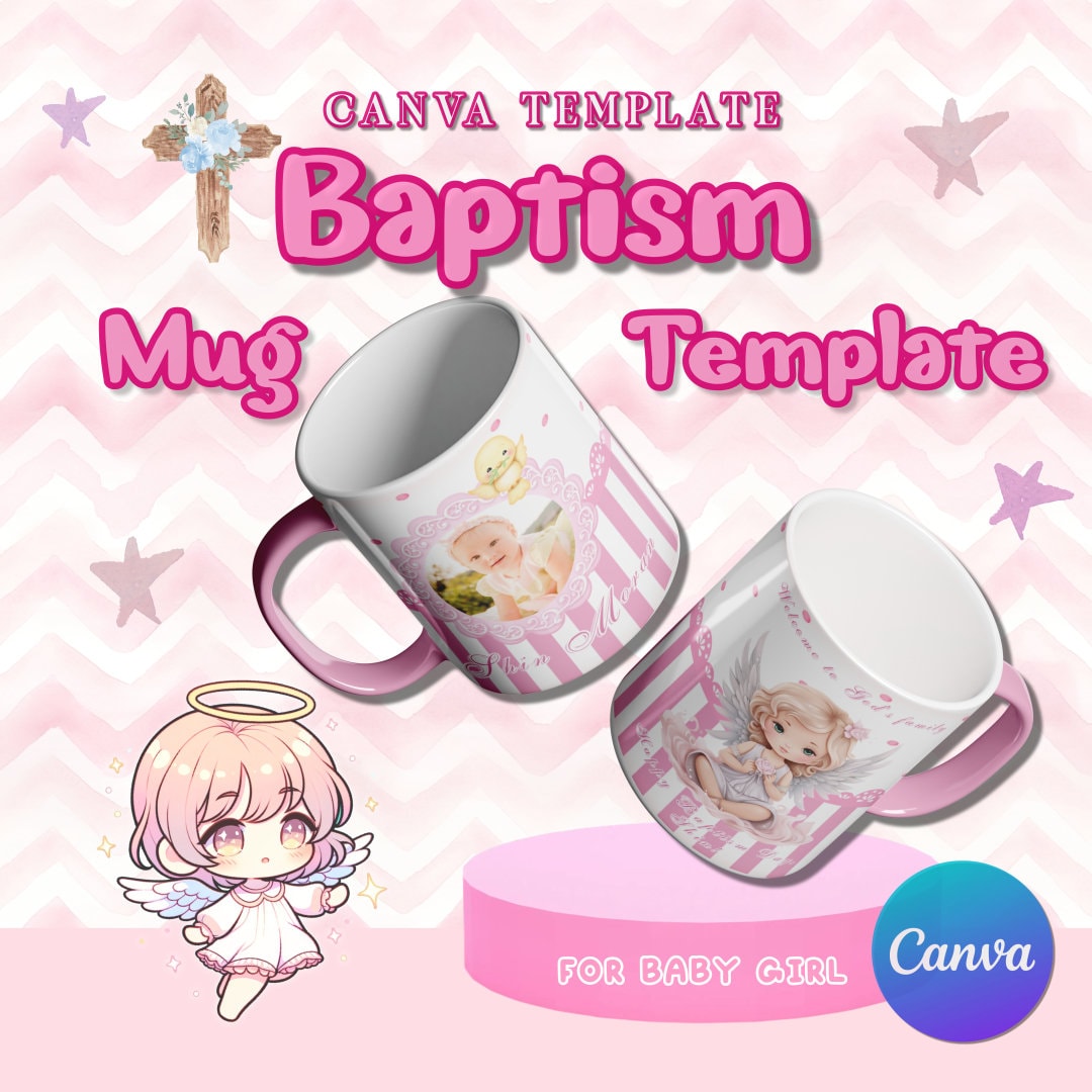 Baptism Mug Wrap Template Canva Editable | Pastel Pink Baptism Mug ...