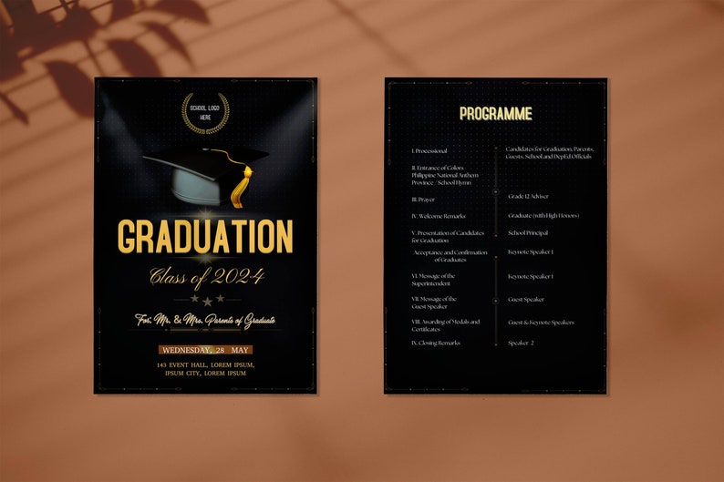 Simple Gold & Black Graduation Program CANVA Editable Template | Canva ...