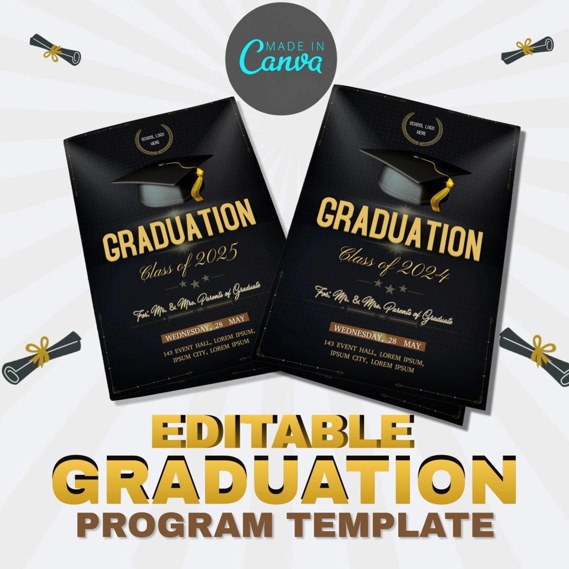 Simple Gold & Black Graduation Program CANVA Editable Template | Canva ...