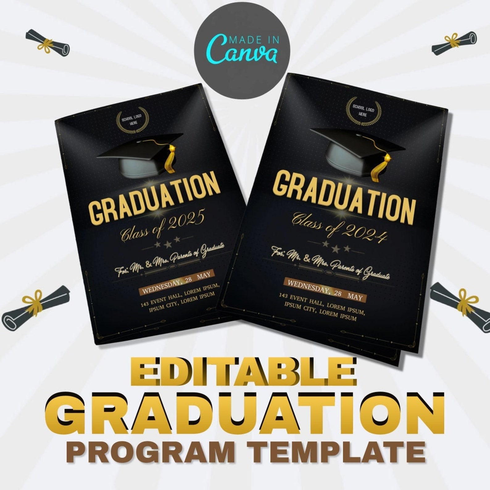 Simple Gold & Black Graduation Program CANVA Editable Template | Canva ...