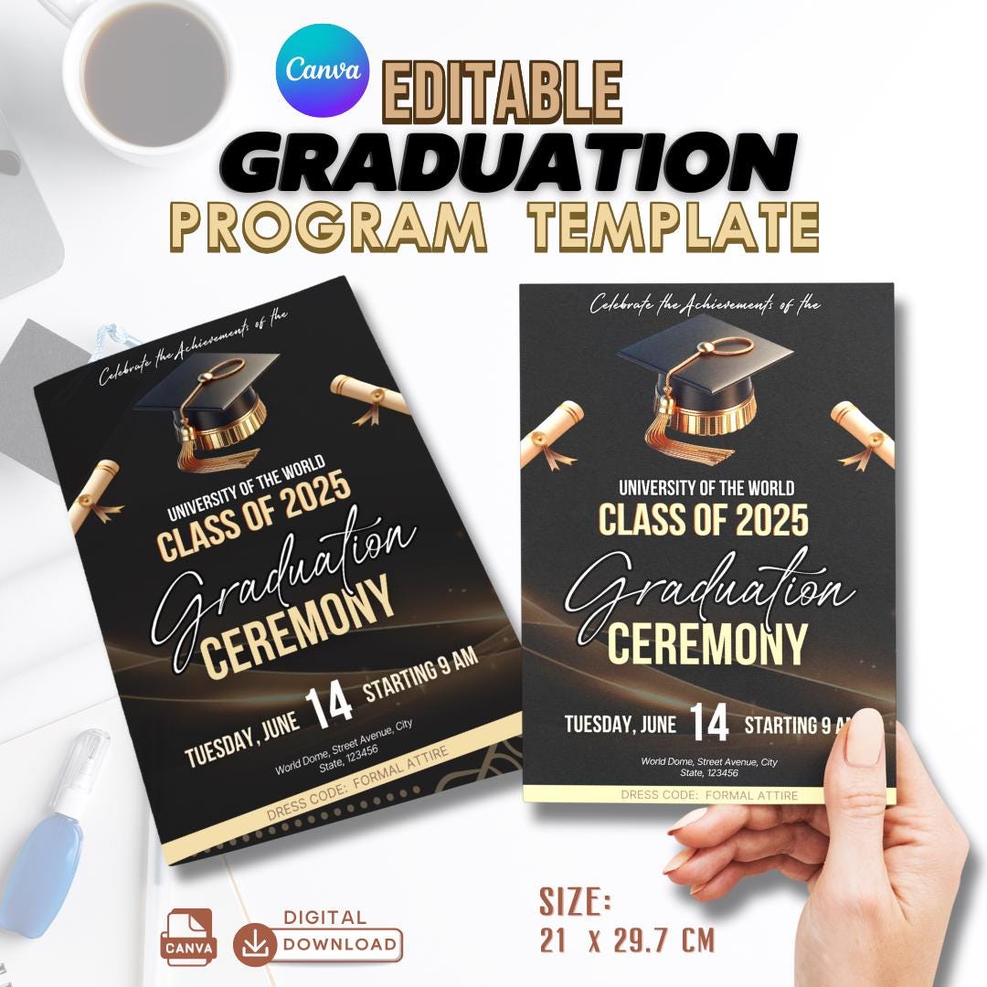 Elegant Gold & Black Graduation Program CANVA Editable Template ...