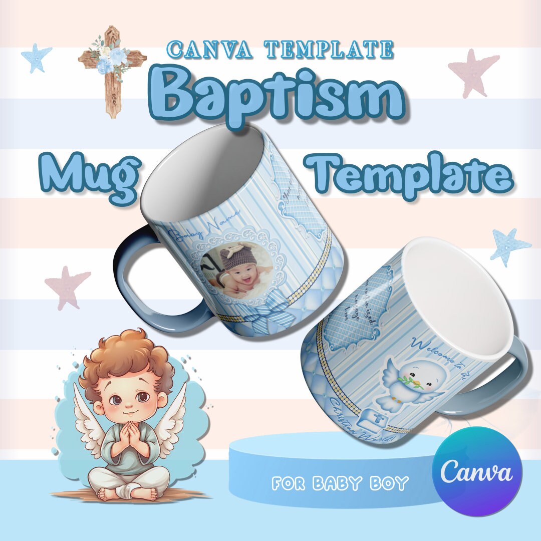 Baptism Mug Design Template - Editable in Canva | Pastel Blue Baptism ...