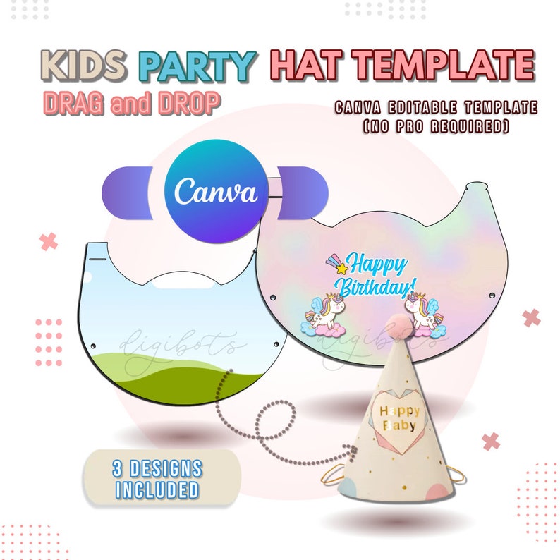 Canva Editable Kids Party Hat Template | Editable Party Hat Templates ...