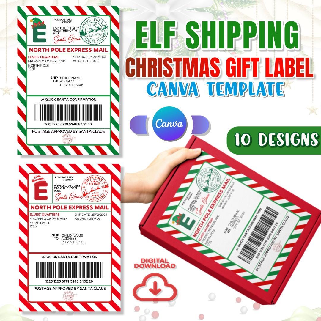 Printable North Pole Express Christmas Shipping Labels Canva Editable ...