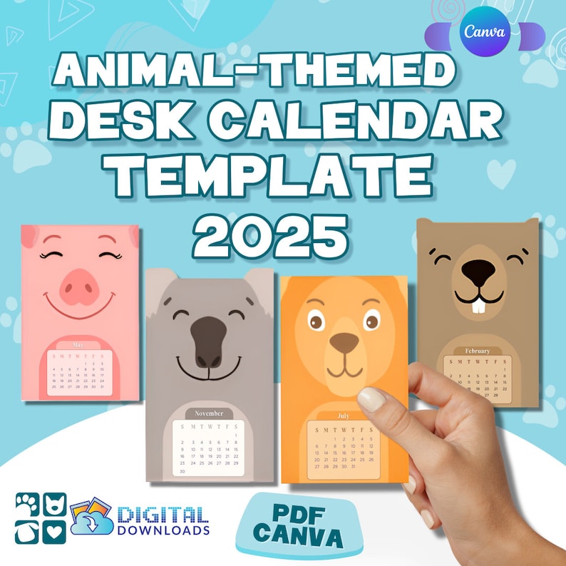 2025 Desk Animal-themed 2025 Desk Calendar Canva Editable Template No ...