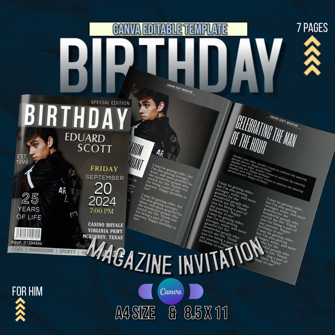 Canva Magazine Birthday Invitation for HIM Template | Canva Birthday ...
