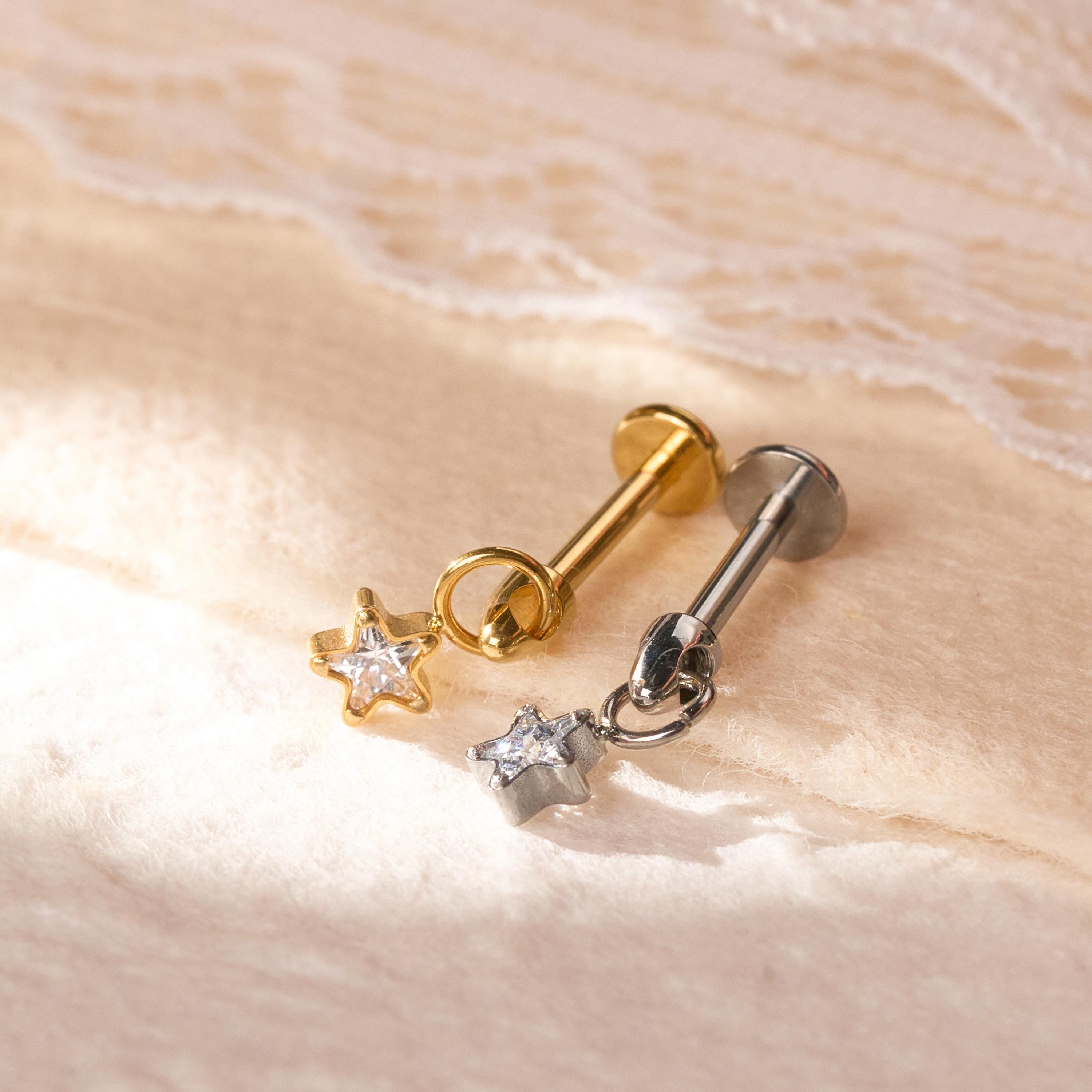 Titanium Star Vertical Dangle Helix Piercing, Threaded Flat Back Stud ...