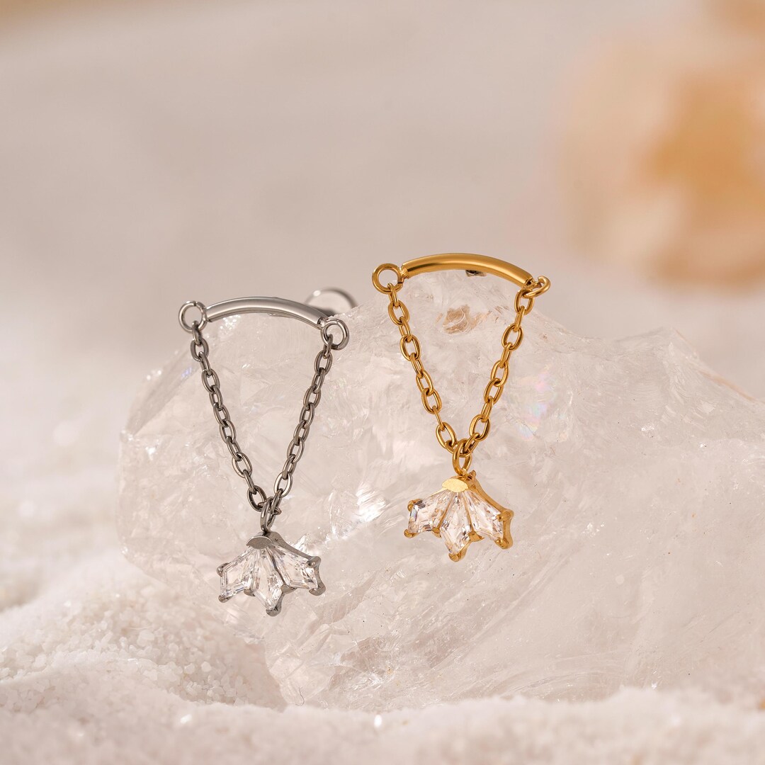 Titanium Leaf Vertical Dangle Hidden Helix Chain Piercing, Threaded ...