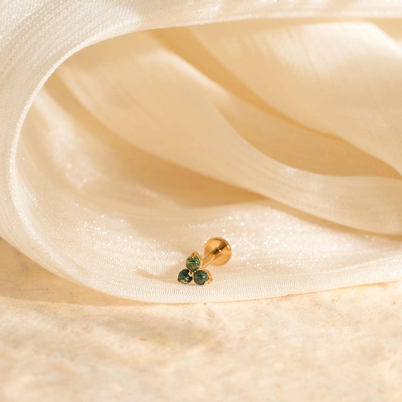 Titanium Moss Agate Labret Stud Earring • Flat Back Earring • Helix ...