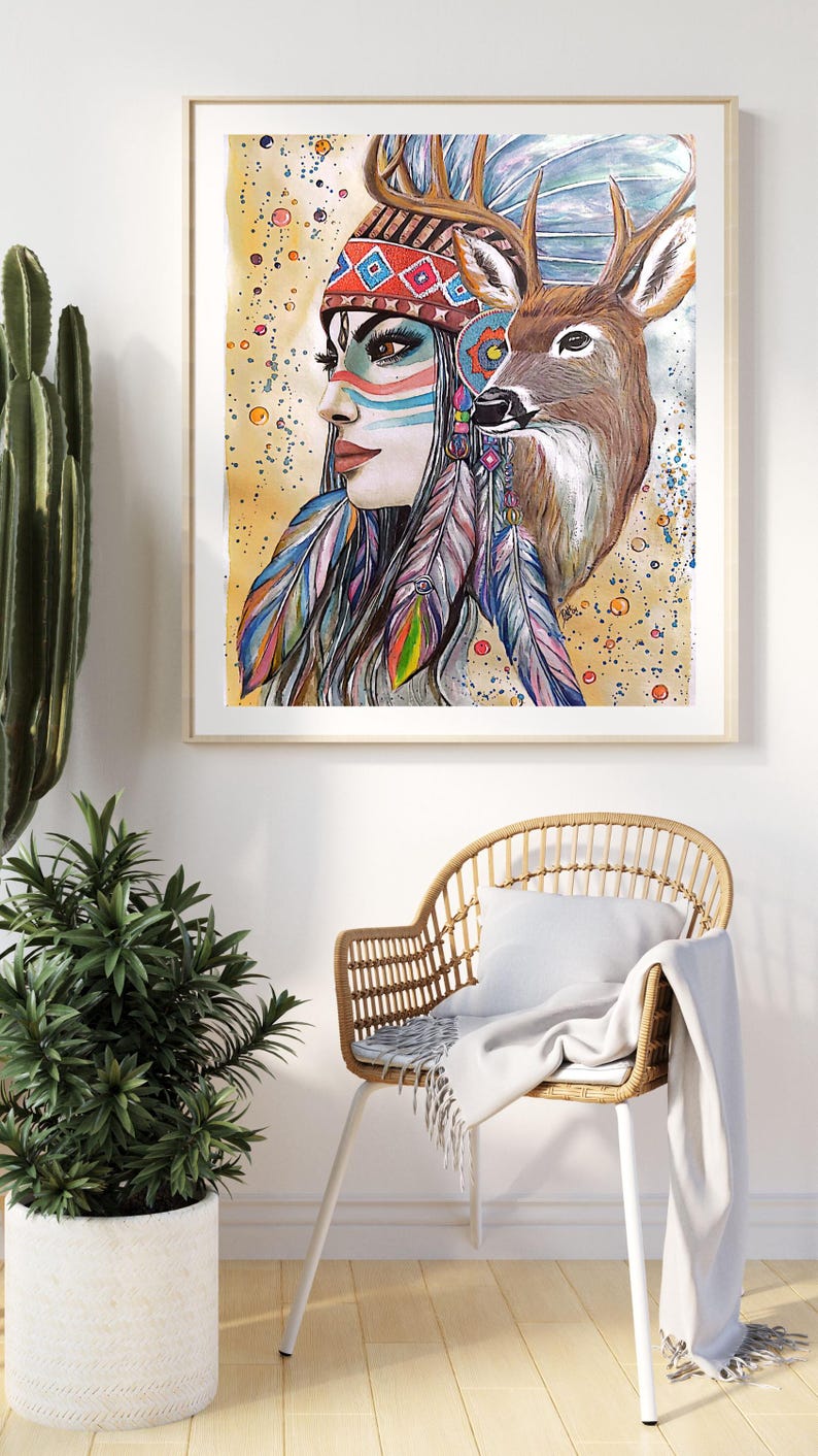 Woman and the Deer , Native Art Watercolor Digital - Etsy