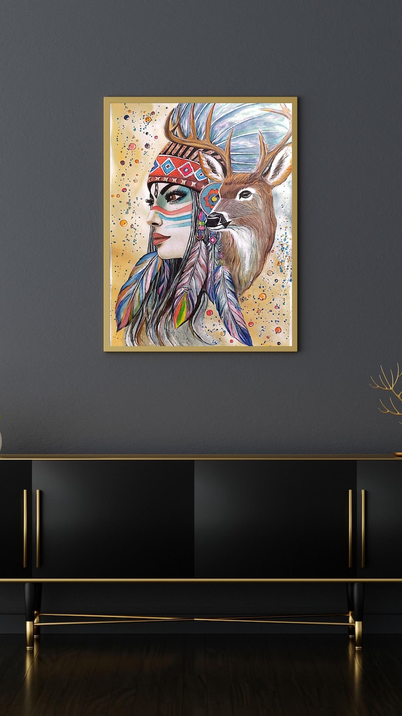 Woman and the Deer , Native Art Watercolor Digital - Etsy