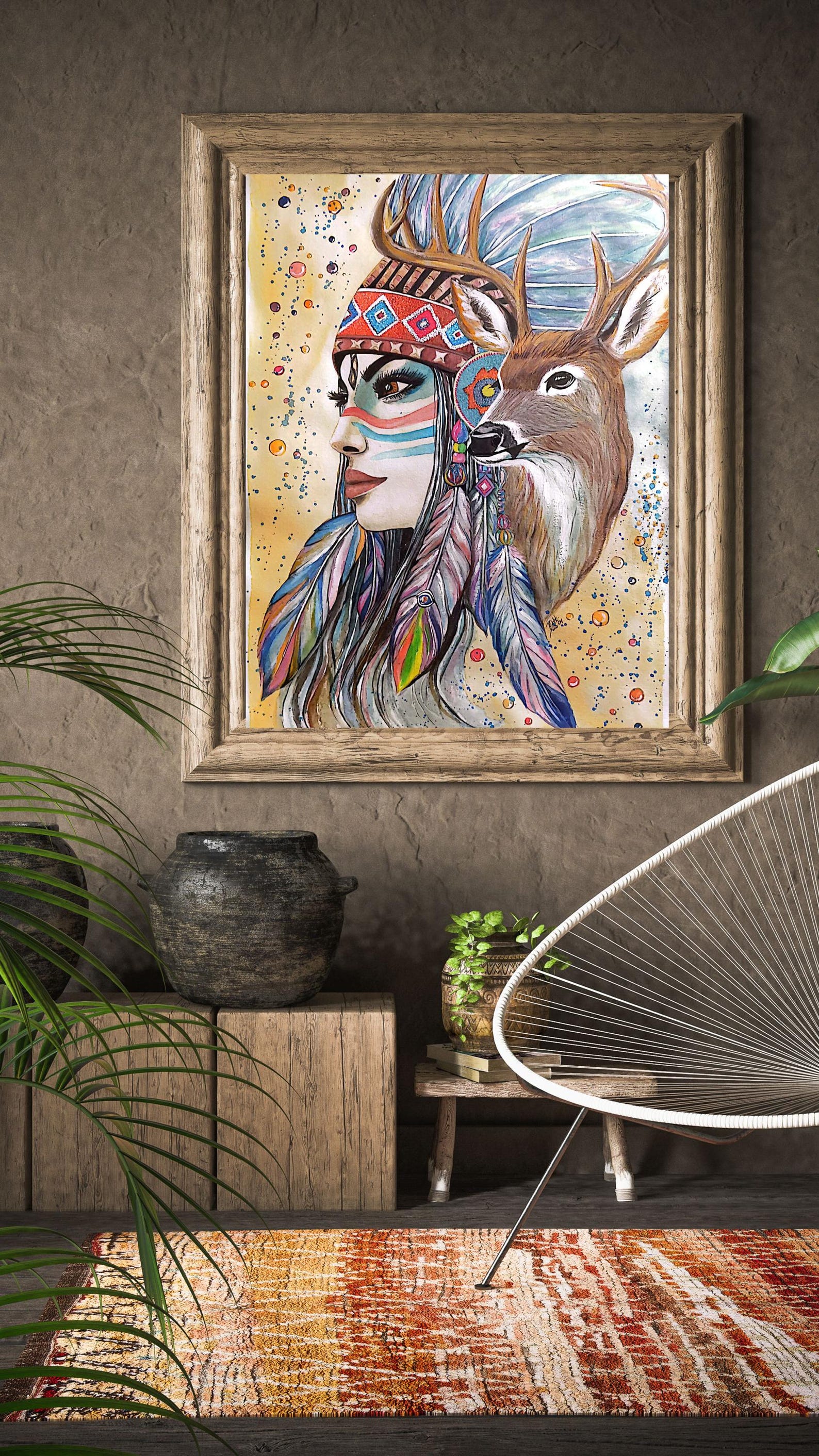 Woman and the Deer , Native Art Watercolor Digital - Etsy
