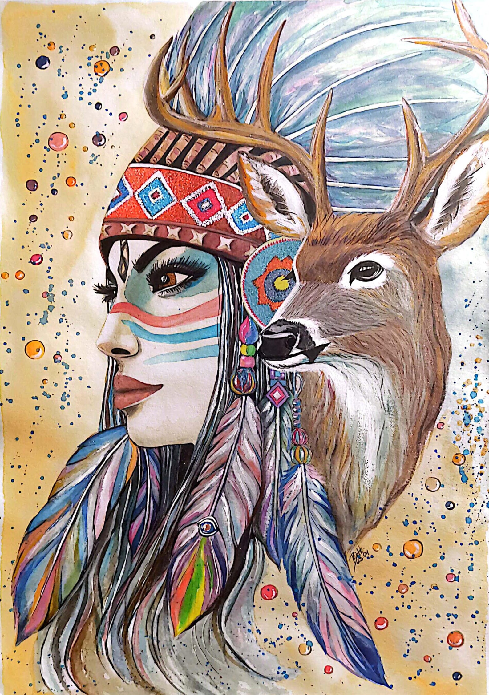 Woman and the Deer , Native Art Watercolor Digital - Etsy