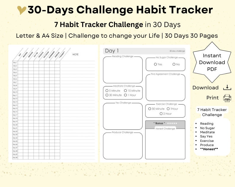 30-day Habit Tracker Printable - 7 Habit Challenge, Daily Log, Monthly ...