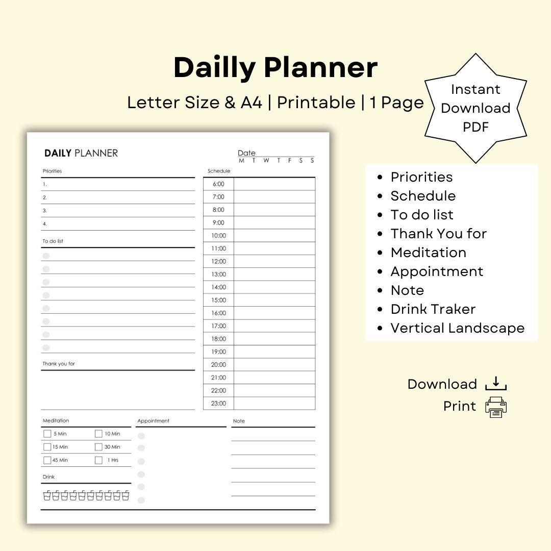 Daily Planner Vertical Printable, UNDATED Planner, Minimalist Style ...
