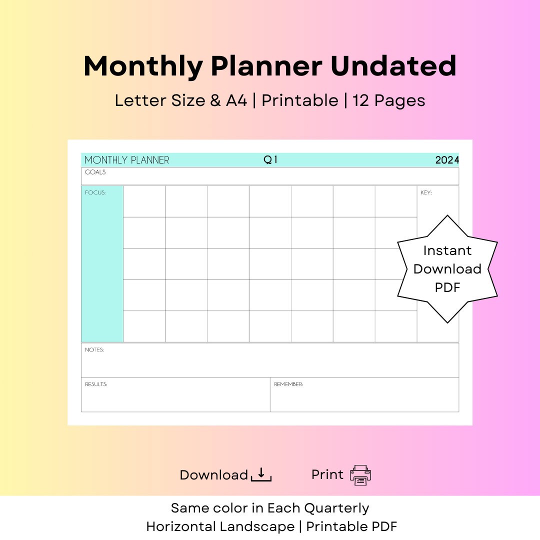2024 Monthly Planner Undated Horizontal Printable Minimal Style / 3 ...