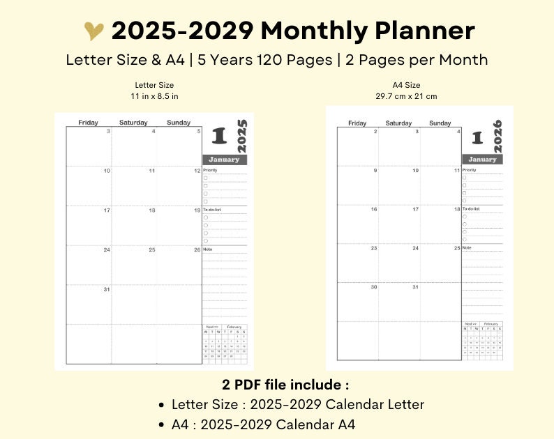 Printable Monthly Calendar, 2025-2029 Minimalist Design, Two-page ...