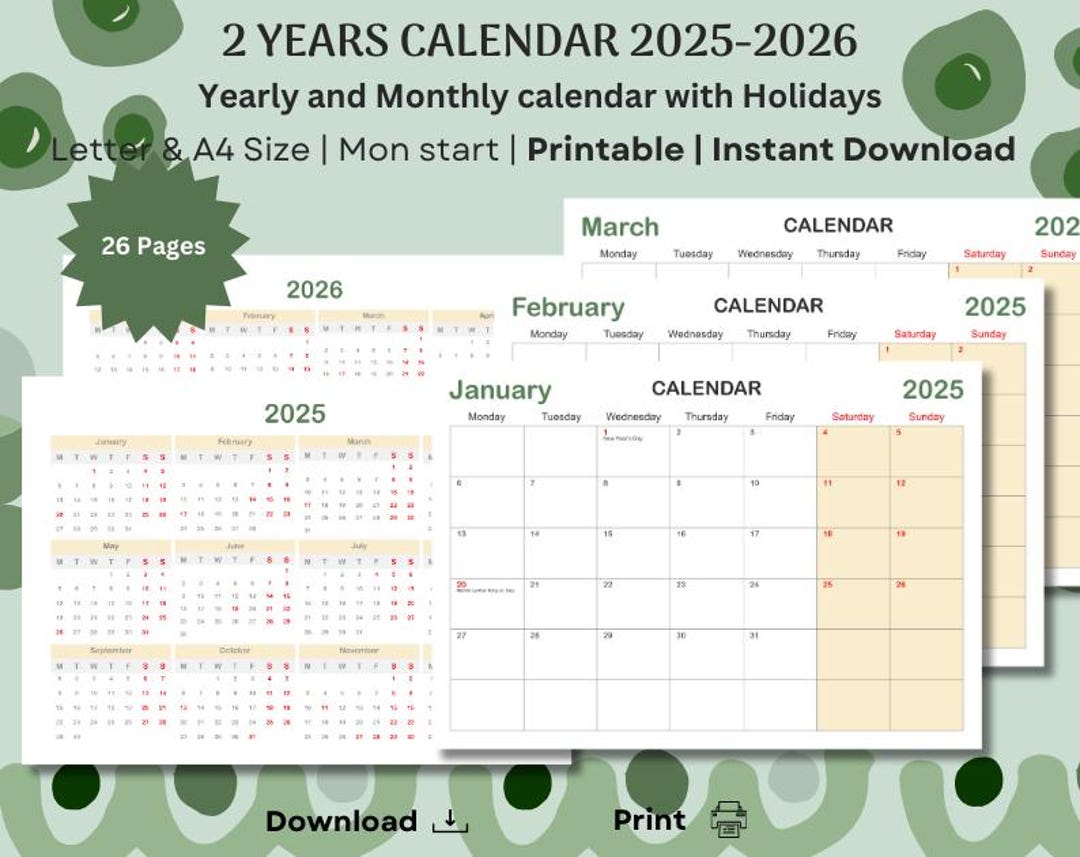 Printable 2 Years Calendar, 2025-2026 Calendar, Minimalist Design, One ...
