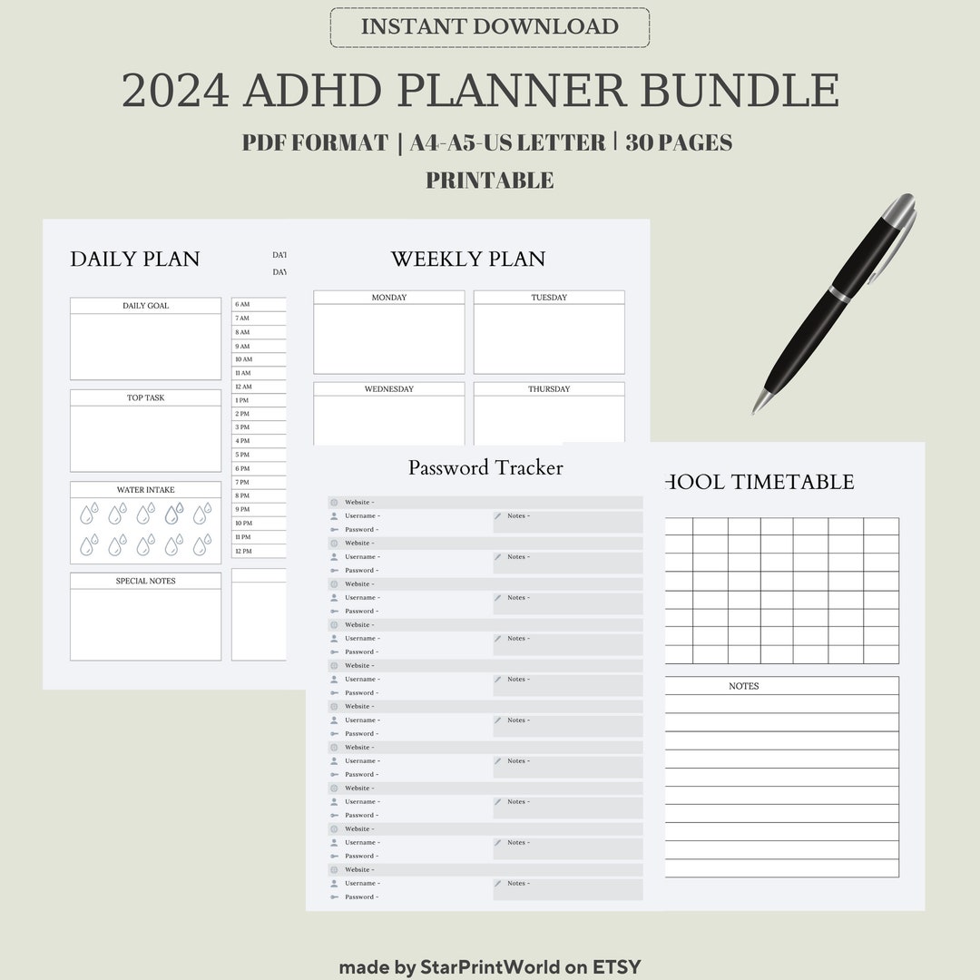 ADHD Bundle, Printable ADHD Planner 2024, Digital Adhd Journal for ...