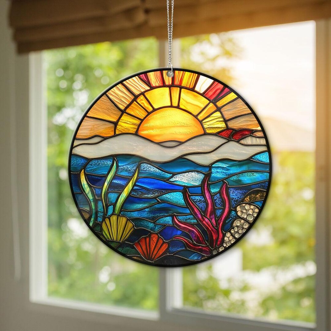 Ocean Wave Decor, Sunset Over Ocean, Beach Suncatcher, Coastal Decor ...