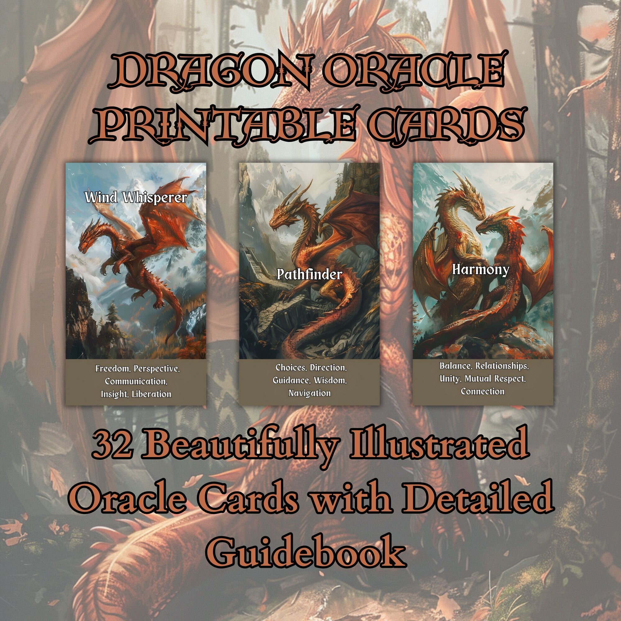 Printable Dragon Oracle Cards Deck - 32 Card and Guidebook , Mystical ...