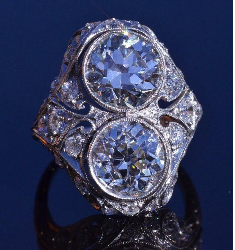 Art Deco Two Stone Wedding Ring, Old European Cut Moissanite Diamond ...