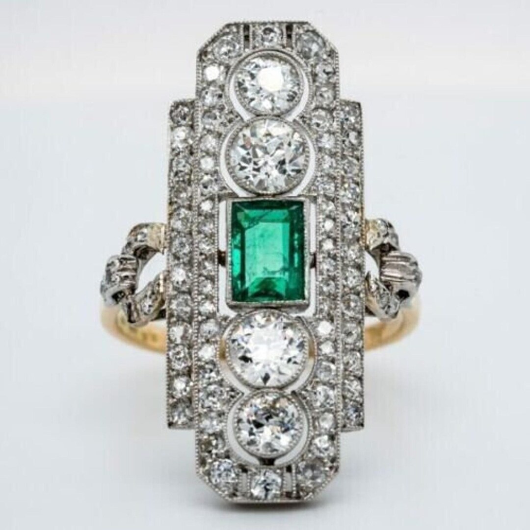Antique Art Deco Lozenge Dinner Ring for Her, Green Emerald & Old ...