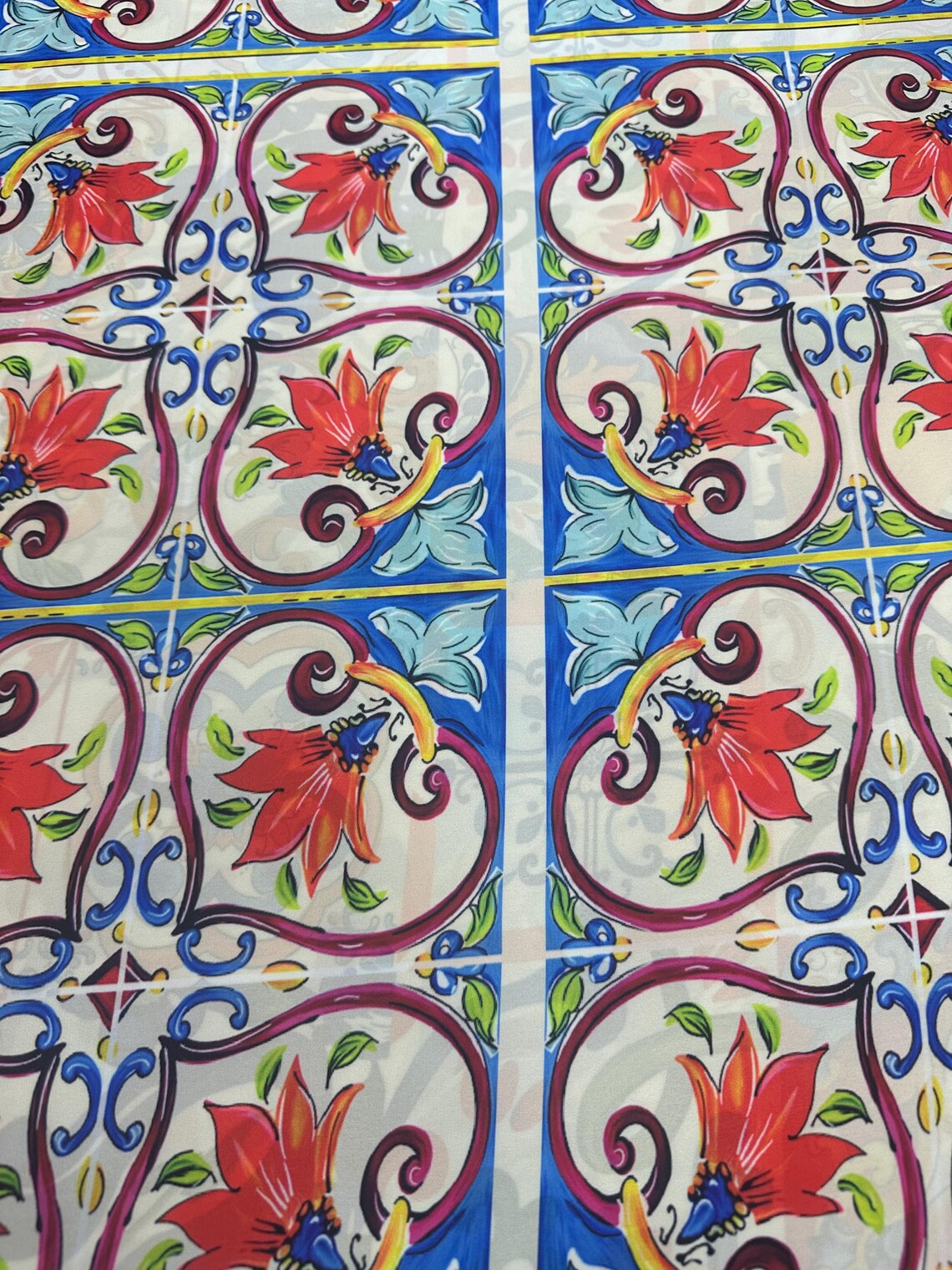 Silky Satin Fabric: Majolica Sicilian Tile Print - Etsy