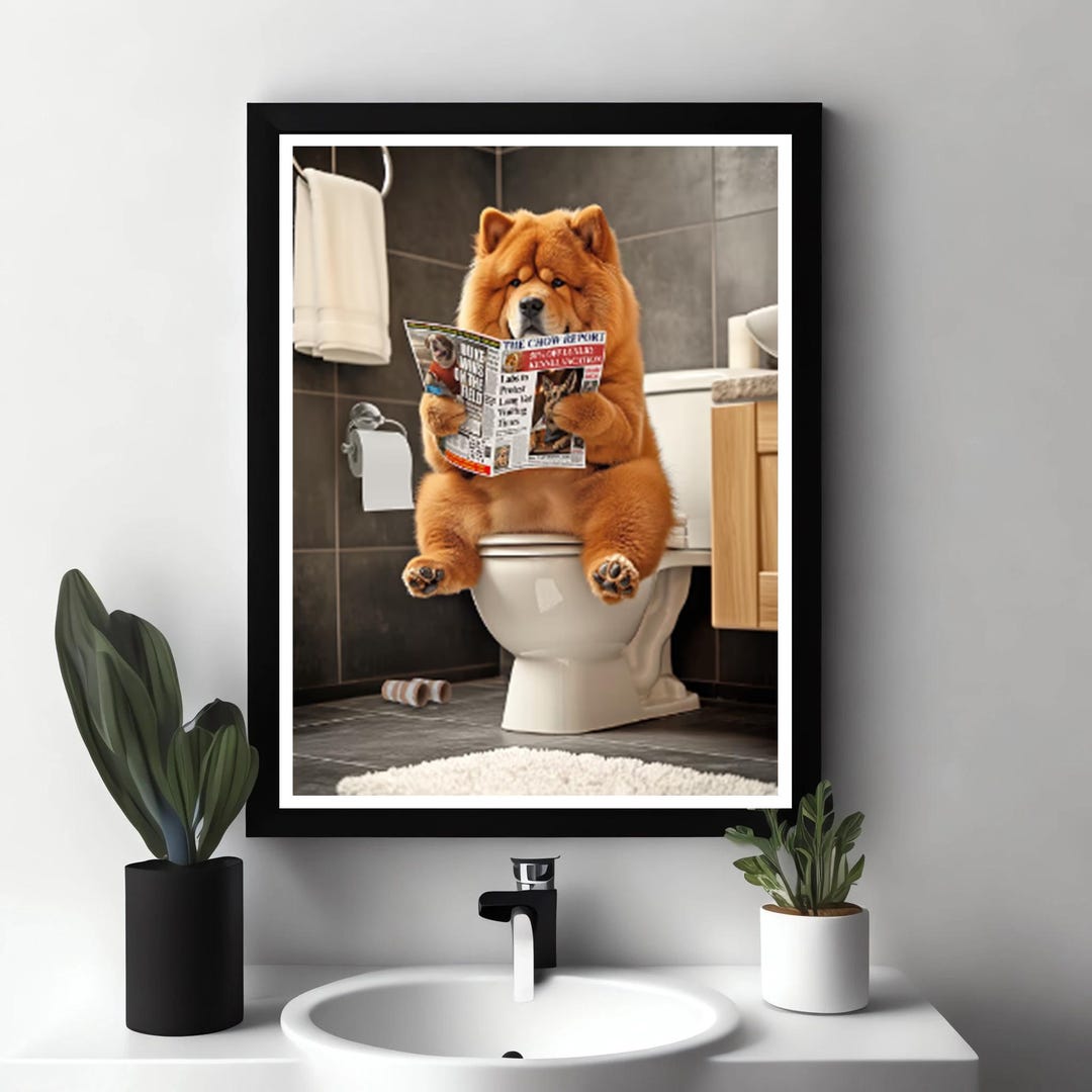 Chow Chow Sitting on the Toilet Reading a Newspaper, Animal Prints ...