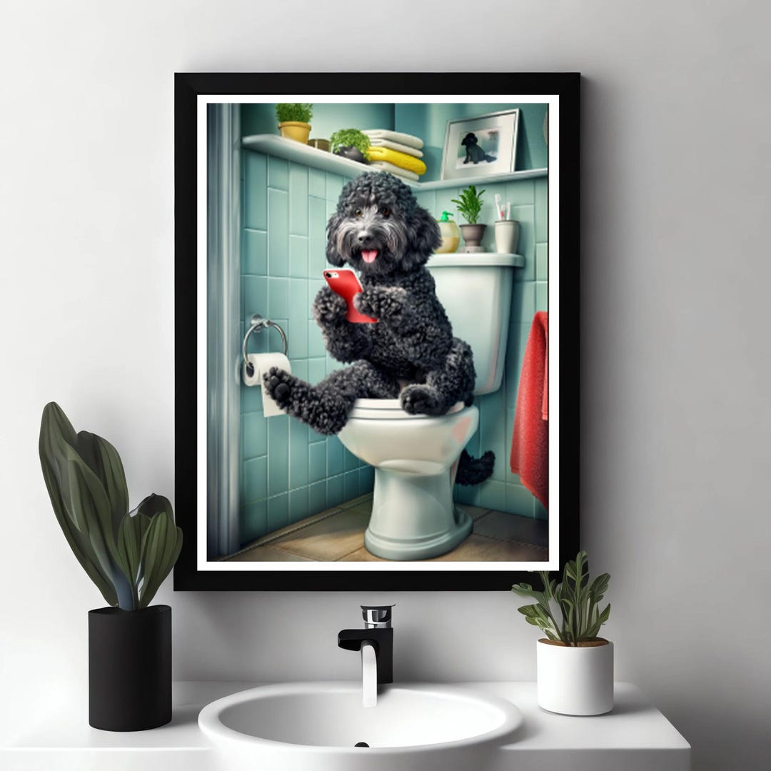 Cockapoo Sitting on Toilet on Mobile Phone, Funny Dog Picture Animal ...