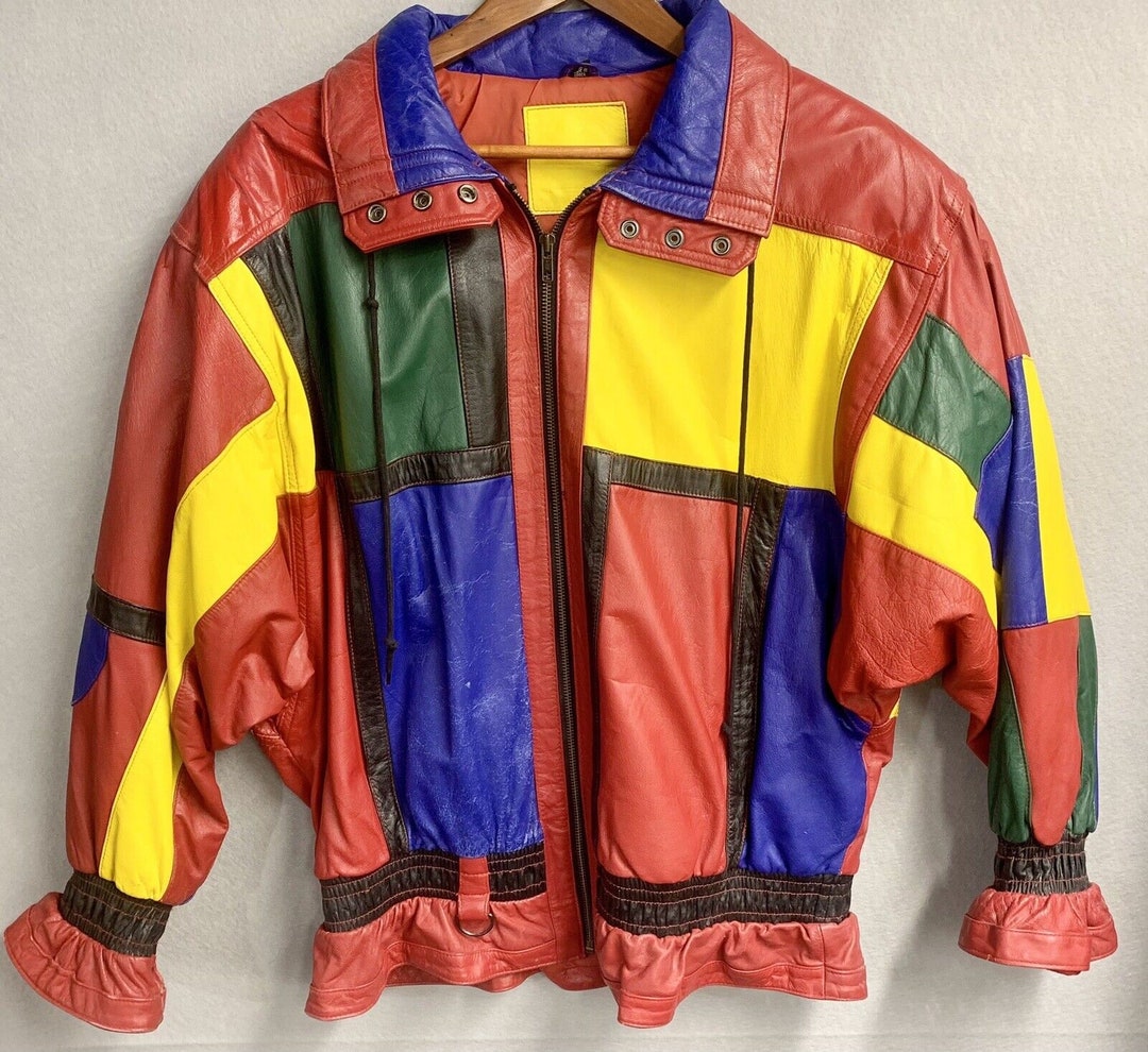 Vintage Mixed Blues Leather Color Block Jacket Size Medium Womens Hip ...