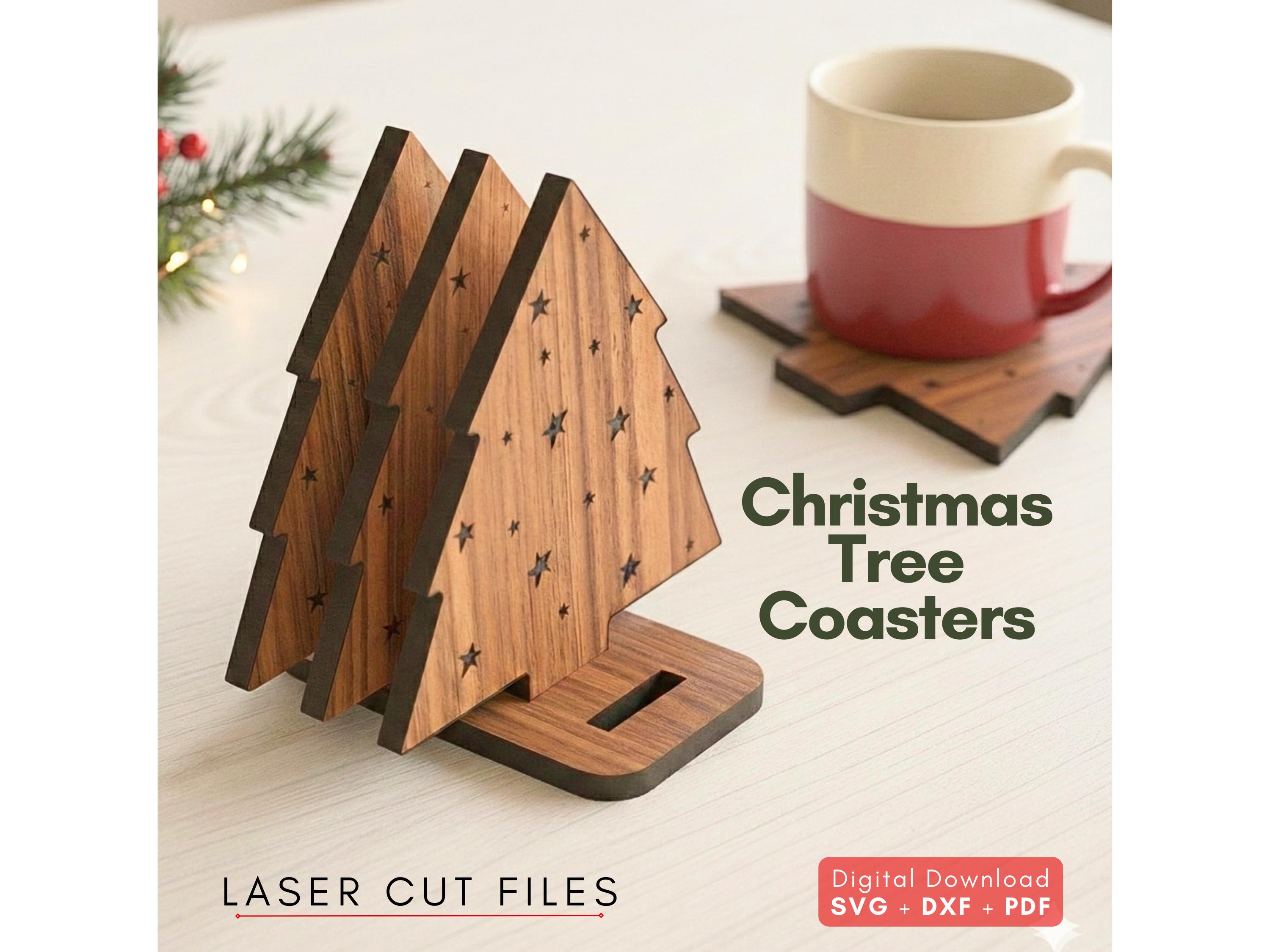 Laser Cut Files - Christmas Tree Coasters Set With Holder, Modern ...