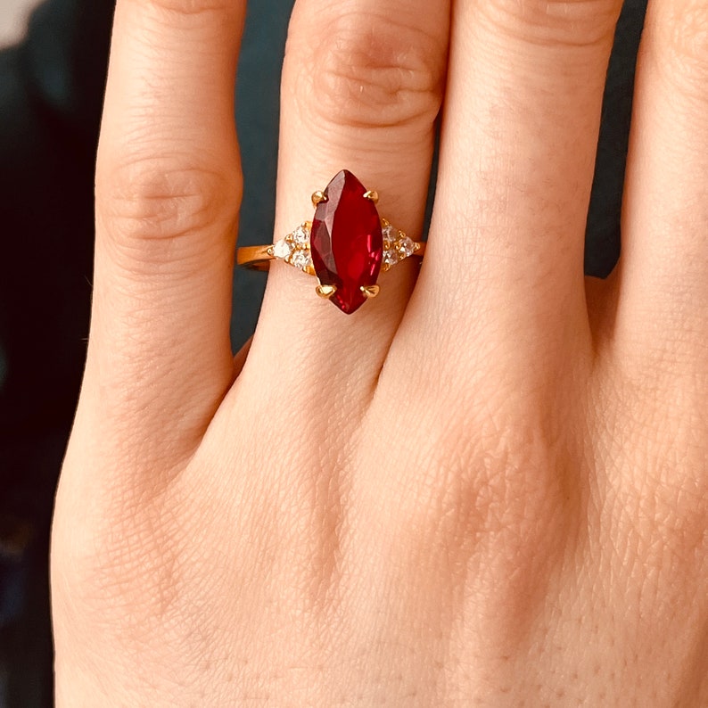 Ruby Statement Ring Red Ruby Marquise Ruby Ring 14k Gold Plated Red Ruby and Diamond Pave Ruby ...