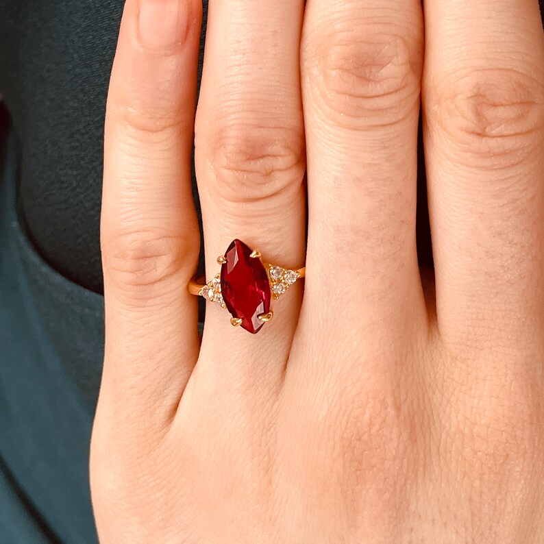 Ruby Statement Ring Red Ruby Marquise Ruby Ring 14k Gold Plated Red Ruby and Diamond Pave Ruby ...