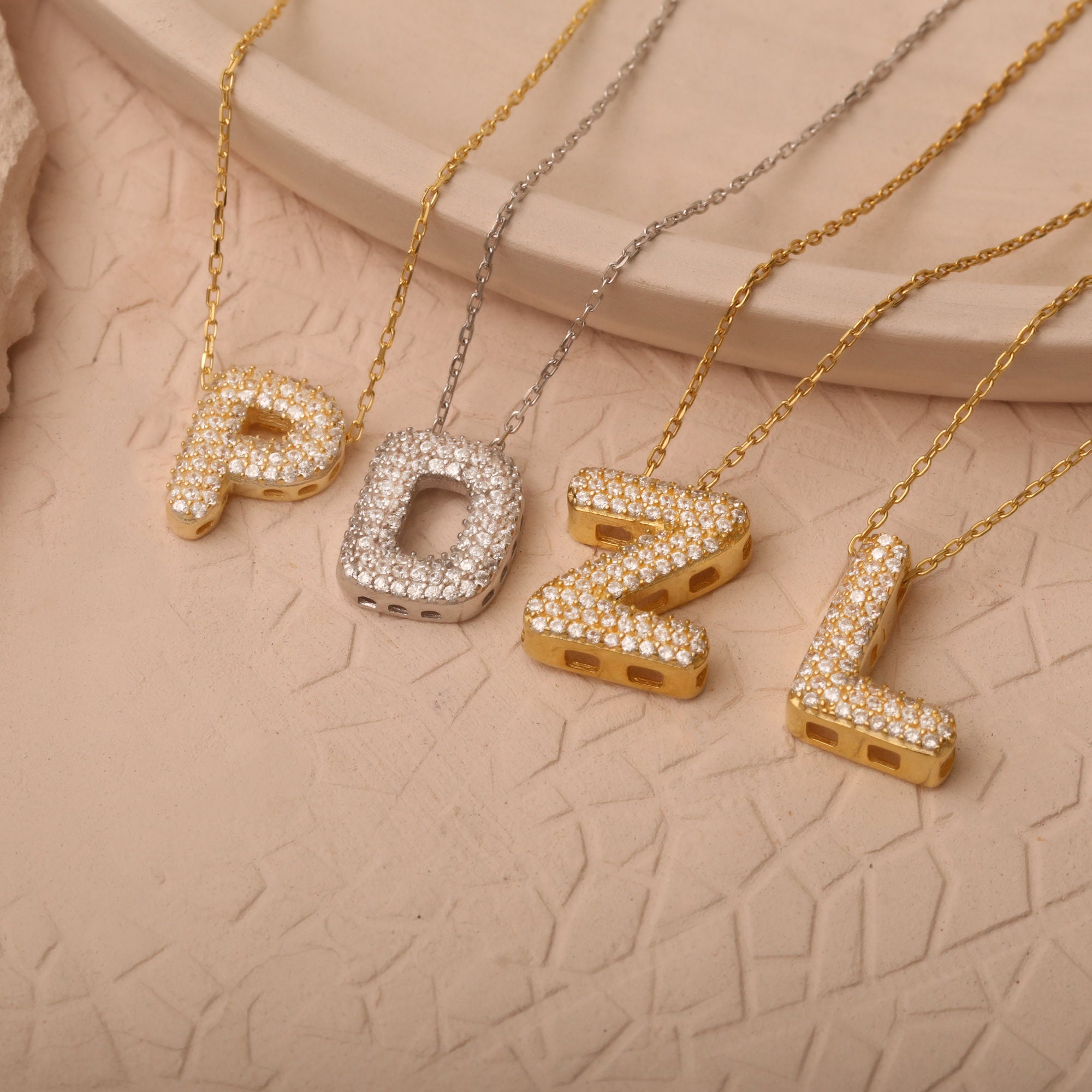 Diamond Pave Bubble Initial Necklace 14k Gold Plated Balloon Letter ...