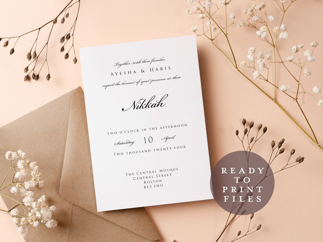 Printable Modern and Minimal Nikkah Invitation Card A6 Portrait Muslim ...
