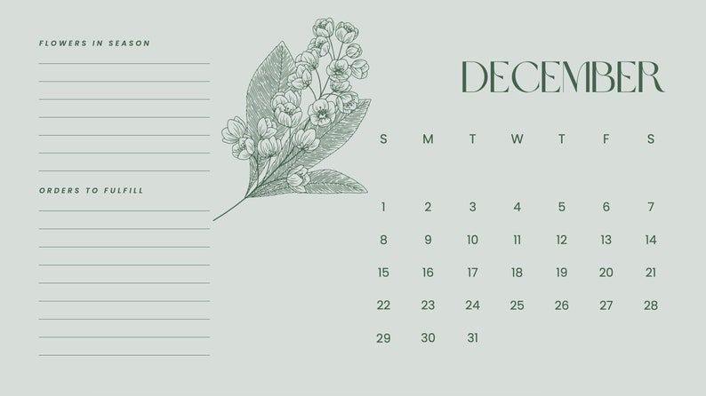 Digital File Florist Calendar 2024 Green Minimalistic Cute Flower ...